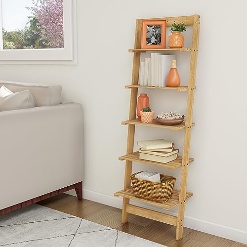 5-Tier Ladder Shelf - Wooden Narrow Leaning Book Shelf for Bedroom, Living Room, or Kitchen Shelving - Boho Home Decor by Lavish Home (Oak)