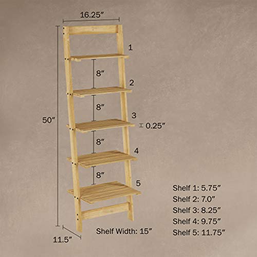 5-Tier Ladder Shelf - Wooden Narrow Leaning Book Shelf for Bedroom, Living Room, or Kitchen Shelving - Boho Home Decor by Lavish Home (Oak)