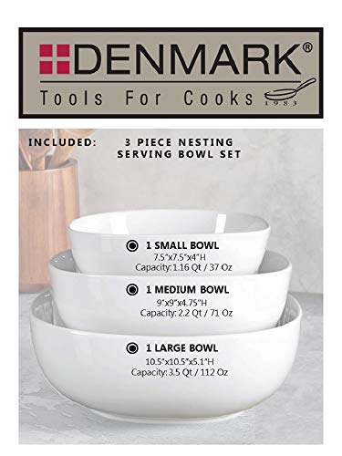 Denmark White Porcelain Chip Resistant Scratch Resistant Commercial Grade Serveware, 3 Piece Serving Bowl Set