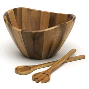 Lipper International Acacia Large Wave Bowl with Servers, 162.31 fl.oz.,Brown