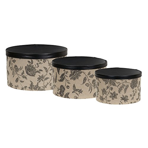 Household Essentials 3-Piece Hat Box Set with Faux Leather Lids, Floral Pattern