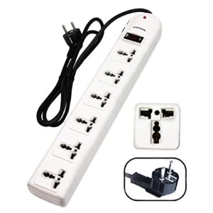 krieger universal power strip ac 220-240v surge protector with heavy duty german schuko plug for computer, printers, 6 universal ac outlets - type e/f