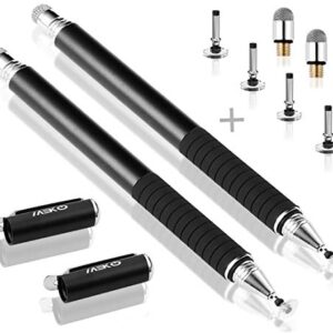 MEKO(TM) [2 in 1 Precision Series] Disc Stylus/Styli (2 Pcs) Bundle with 4 Replaceable Disc Tips, 2 Replaceable Fiber Tips (Black/Black)