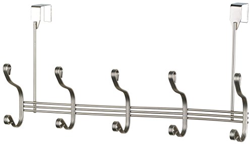 Home Basics Metal Over the Door Organizer, 5-Hook Rack for Coats, Hats, Robes, Towels, Bedroom, Closet, and Bathroom, Satin Nickel