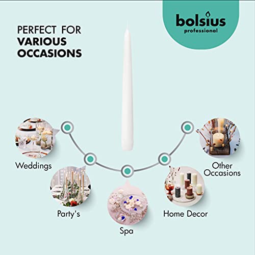 BOLSIUS White Taper Candles 100 Count Bulk Pack - 10 Inch Dinner Candle Set - 7+ Burn Hours - Premium European Quality - Smooth Flame - 100% Cotton Wick - Smokeless & Dripless Household Candlesticks