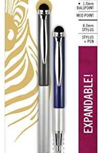 Zebra Pen StylusPen Telescopic Ballpoint Pen, Medium Point, 1.0mm, Black Ink, Grey and Navy Barrels, 2-Count