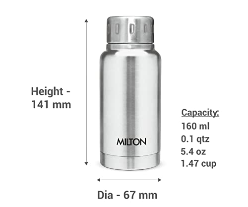 Milton Thermosteel Elfin 160, Vacuum Insulated Flask, 160 ml | 5.4 oz | Hot & Cold Water Bottle, 18/8 Stainless Steel, Compact Flask, Durable Body, BPA Free, Leak-Proof Simple Screw Lid | Silver