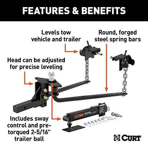 CURT 17062 Round Bar Weight Distribution Hitch with Integrated Lubrication and Sway Control, Up to 10K, 2-in Shank, 2-5/16-Inch Ball, Black