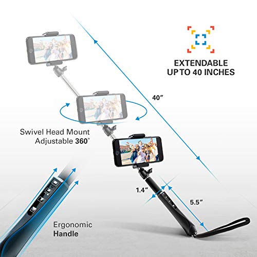 Polaroid 40 Inch Selfie Stick With Integrated Bluetooth Remote Release In Grip For IOS and Android Bluetooth Camera Devices and Digital Cameras