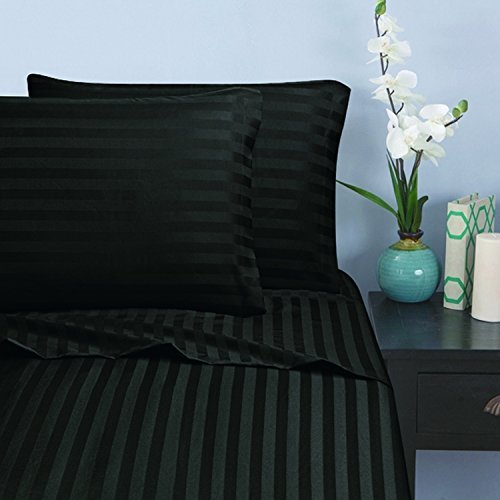 Elegant Comfort Wrinkle & Fade Resistant 1500 Thread Count - Damask Stripes Egyptian Quality Luxurious Silky Soft 4pc Sheet Set, Up to 16" Deep Pocket, Queen, Black