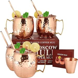 will's moscow mule copper mugs - set of 4-100% pure solid copper mugs - 16 oz premium gift set with 4 cocktail copper straws, shot glass and recipe booklet