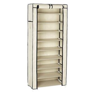 songmics 10-tier shoe tower rack with cover 27-pair space saving shoe storage organizer beige urxj10m