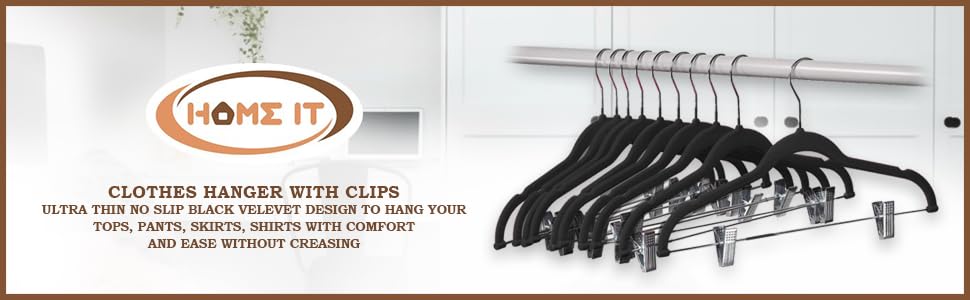 Home-it 10 Pack Skirt Hangers with Clips Black Velvet Hangers Use for Skirt Clothes Hangers - Felt Pants Hangers Ultra Thin Non Slip