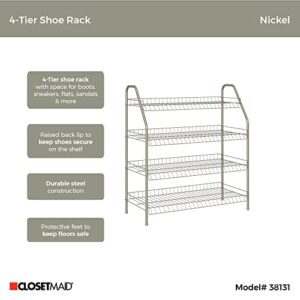 ClosetMaid 4-Tier Wire Shoe Rack Organizer, Nickel Finish, Easy to Assemble, Holds 12 Pairs, for Closet, Bedroom with Sturdy Design