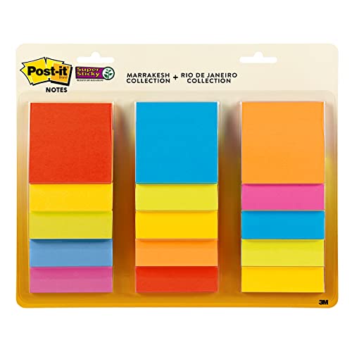 Post-it Super Sticky Notes, 3x3 in, 15 Pads, 2x the Sticking Power, Energy Boost, Bright Colors (Orange, Pink, Blue, Green), Recyclable (654-24SSAU-CP)