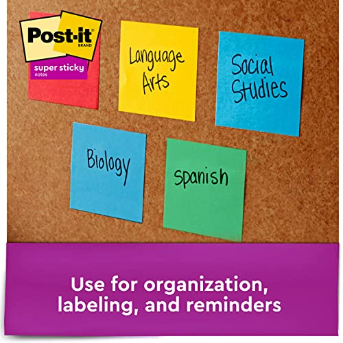 Post-it Super Sticky Notes, 3x3 in, 15 Pads, 2x the Sticking Power, Energy Boost, Bright Colors (Orange, Pink, Blue, Green), Recyclable (654-24SSAU-CP)