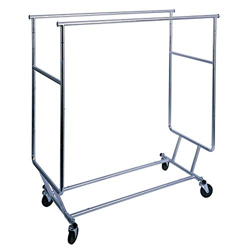 Econoco Double Hangrail Rolling Clothes Rack- Heavy Duty Collapsible Clothing Rack, Commercial Grade Clothing Display, Round Tubing Rolling Rack, Chrome