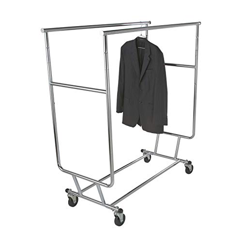 Econoco Double Hangrail Rolling Clothes Rack- Heavy Duty Collapsible Clothing Rack, Commercial Grade Clothing Display, Round Tubing Rolling Rack, Chrome