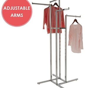 Clothing Rack – Heavy Duty Chrome 4 Way Rack, Adjustable Height Arms, Square Tubing, Perfect for Clothing Store Display With 4 Straight Arms