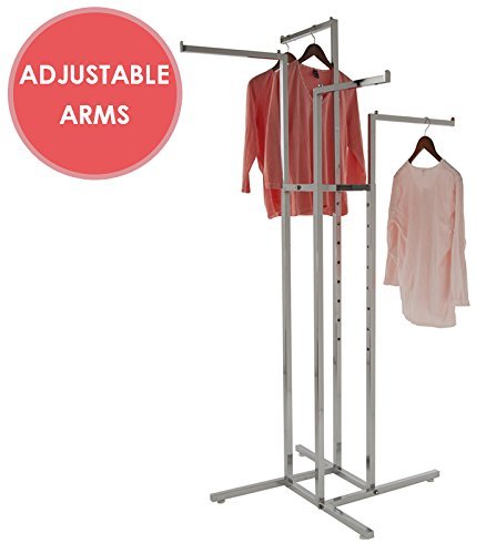 Clothing Rack – Heavy Duty Chrome 4 Way Rack, Adjustable Height Arms, Square Tubing, Perfect for Clothing Store Display With 4 Straight Arms