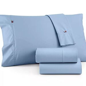 Tommy Hilfiger Signature Solid Sheeting 200 TC Set of 4 Sheet Set - 1 Flat Sheet, 1 Fitted Sheet & 2 Pillowcases, Queen Size, 100% Cotton (B Blue)