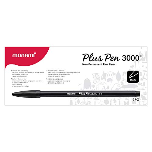 MONAMI Plus Pen 3000 Felt Tip Pens, Fine Point (0.4mm), Fine Liner, Writing/Journaling/Note Taking at home, school and office, Black, 12-Count