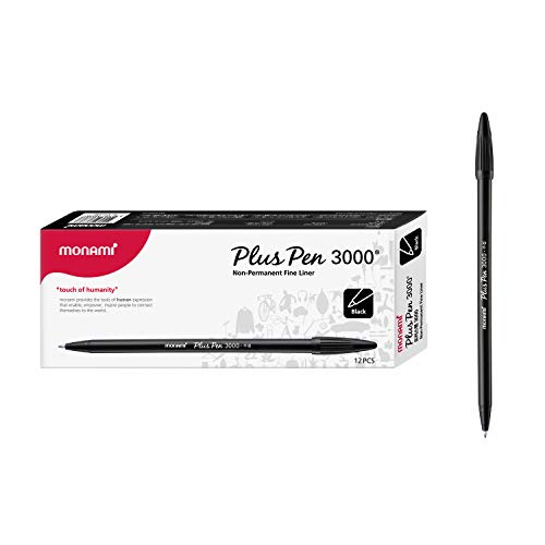 MONAMI Plus Pen 3000 Felt Tip Pens, Fine Point (0.4mm), Fine Liner, Writing/Journaling/Note Taking at home, school and office, Black, 12-Count