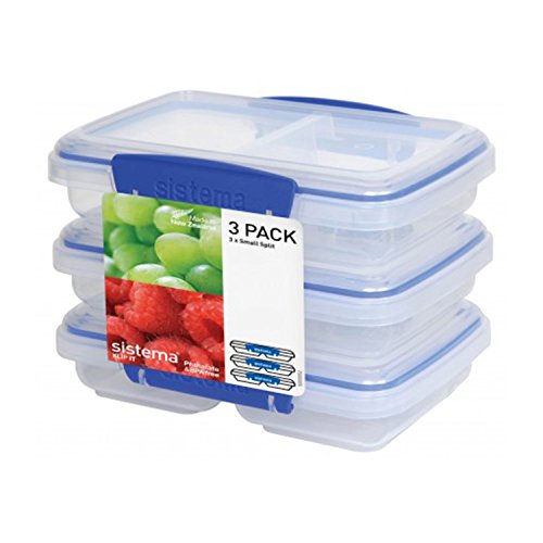 Sistema 3-Piece Food Storage Containers with 2 Compartments and Lids for Meal Prep, Dishwasher Safe, 11.8oz, Clear/Blue, 3 count (Pack of 1)