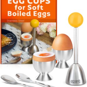 Egg Cups for Soft Boiled Eggs with Spoons - Stainless Steel Egg Topper - Durable Egg Opener Topper Cutter - Giftable Egg Cracker Tool & Soft Boiled Egg Holder Cutter by Eparé