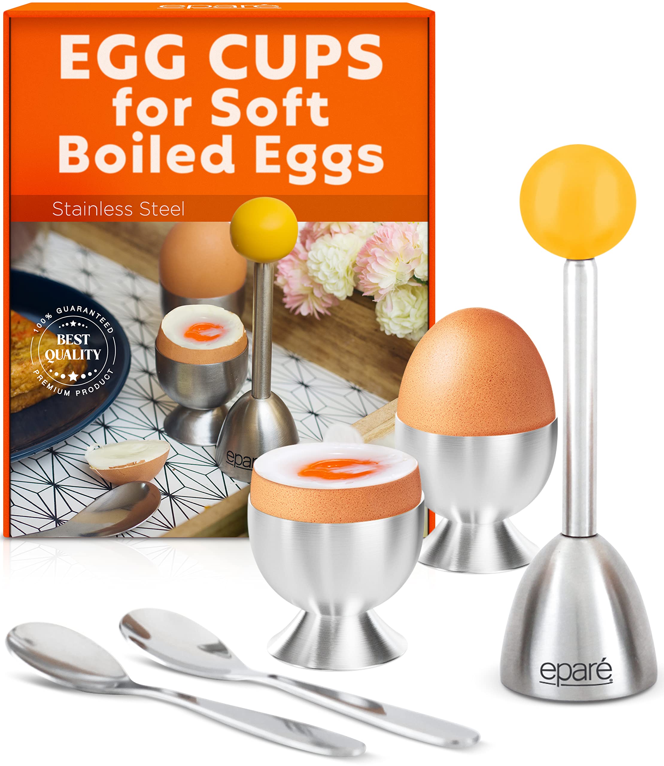 Egg Cups for Soft Boiled Eggs with Spoons - Stainless Steel Egg Topper - Durable Egg Opener Topper Cutter - Giftable Egg Cracker Tool & Soft Boiled Egg Holder Cutter by Eparé