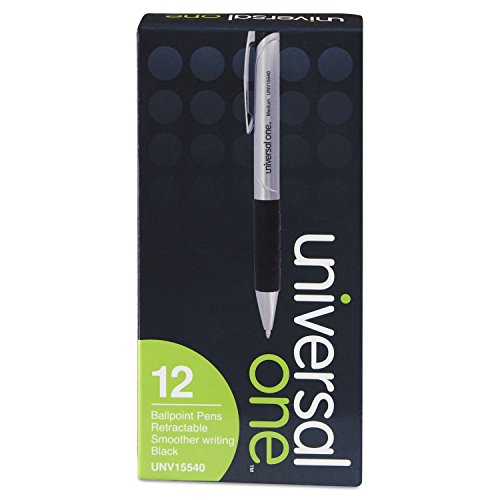 Universal Comfort Grip Ballpoint Pen, Retractable, Medium 1 Mm, Black Ink, Silver Barrel, Dozen