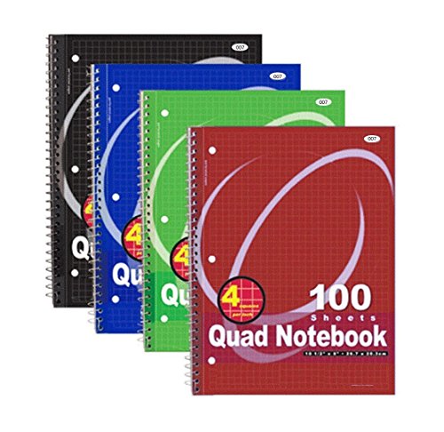 RamPro Quad-ruled Spiral Notebook 10-1/2 X 8 Inches, Assorted Colors, 100 Count (007) [4-Pack]