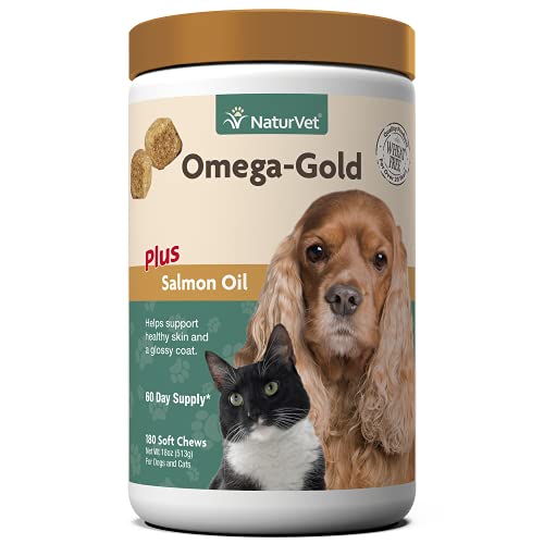 NaturVet – Omega-Gold Plus Salmon Oil | Supports Healthy Skin & Glossy Coat | Enhanced with DHA, EPA, Omega-3 & Omega-6 | for Dogs & Cats | 180 Soft Chews