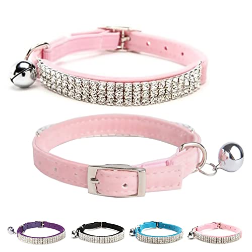 BINGPET Adjustable Cat Collar Soft Velvet Safe Collars Bling Diamante with Bells, Pink