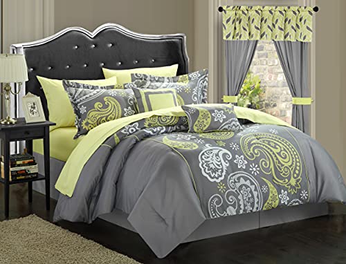 Chic Home Olivia 20-Piece Comforter Reversible Paisley Print Complete Bed in a Bag with Sheet Set, Window Treatments, and Decorative Pillows, King, Grey