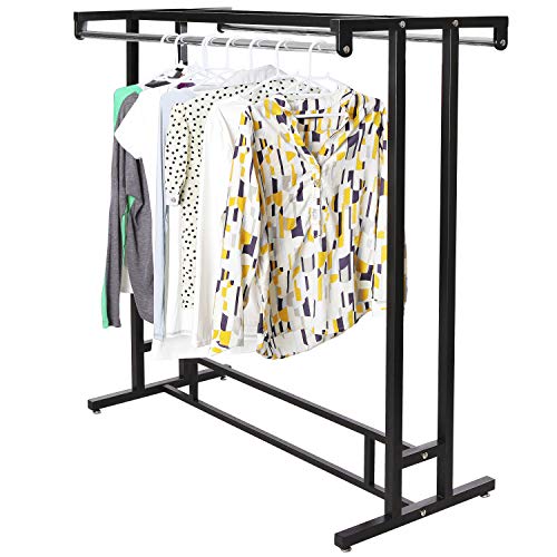 MyGift Black Stainless Steel Heavy Duty Clothes Garment Rack, Freestanding Double Rod Clothing Hanger Stand with Storage Display Shelf