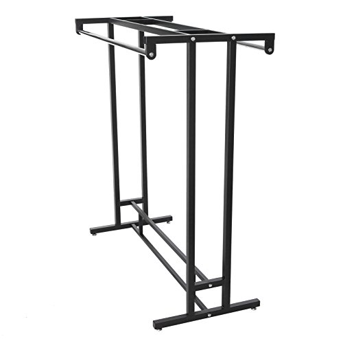 MyGift Black Stainless Steel Heavy Duty Clothes Garment Rack, Freestanding Double Rod Clothing Hanger Stand with Storage Display Shelf