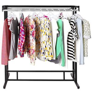 MyGift Black Stainless Steel Heavy Duty Clothes Garment Rack, Freestanding Double Rod Clothing Hanger Stand with Storage Display Shelf