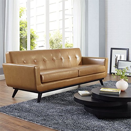 Modway Engage Mid-Century Modern Leather Upholstered Sofa in Tan