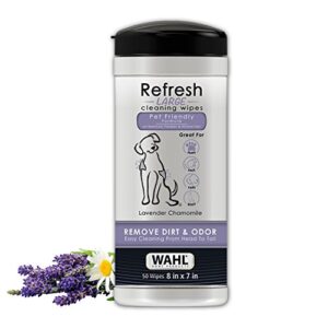 wahl pet refresh lavender cleaning wipes for all dog breeds - use on ears, nose, paws, bottom, & sensitive areas - 50 wipes - 820018a