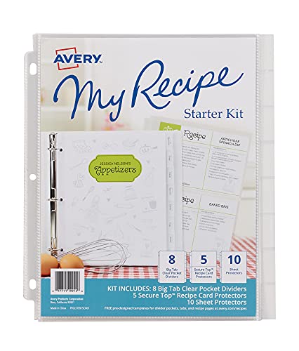 Avery Recipe Organizer Starter Kit, 8 Tab Dividers, 5 Recipe Card Protectors, 10 Sheet Protectors (19915)