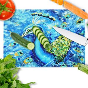 Caroline's Treasures MW1166LCB Peacock Straight Up in Blue Glass Cutting Board Large Decorative Tempered Glass Kitchen Cutting and Serving Board Large Size Chopping Board