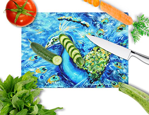 Caroline's Treasures MW1166LCB Peacock Straight Up in Blue Glass Cutting Board Large Decorative Tempered Glass Kitchen Cutting and Serving Board Large Size Chopping Board