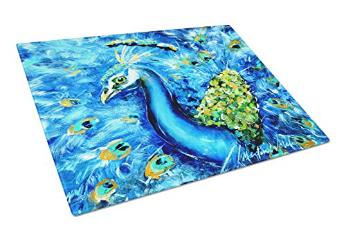 Caroline's Treasures MW1166LCB Peacock Straight Up in Blue Glass Cutting Board Large Decorative Tempered Glass Kitchen Cutting and Serving Board Large Size Chopping Board