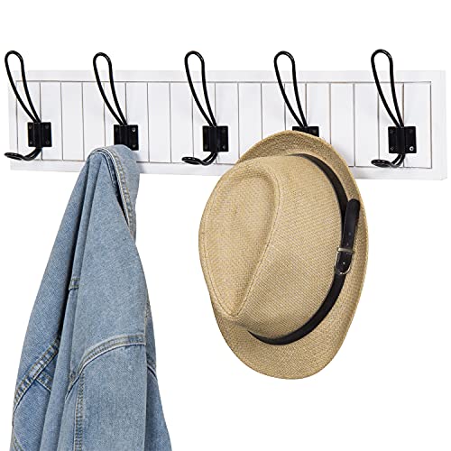 MyGift Farmhouse Wall Mounted White Wood and 5 Black Metal Wire Loop Dual Hooks Coat Rack, Decorative Hangers for Entryway Hats, Bathroom Towels, Closet Clothes