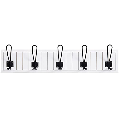 MyGift Farmhouse Wall Mounted White Wood and 5 Black Metal Wire Loop Dual Hooks Coat Rack, Decorative Hangers for Entryway Hats, Bathroom Towels, Closet Clothes