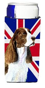 caroline's treasures ss4955muk springer spaniel with english union jack british flag ultra hugger for slim cans can cooler sleeve hugger machine washable drink sleeve hugger collapsible insulator beve