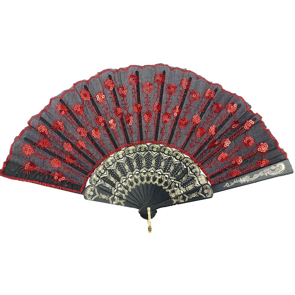 Innolife Elegant Colorful Embroidered Flower Peacock Pattern Sequin Fabric Folding Handheld Hand Fan Hand-Crafted (Red)