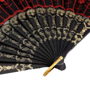 Innolife Elegant Colorful Embroidered Flower Peacock Pattern Sequin Fabric Folding Handheld Hand Fan Hand-Crafted (Red)