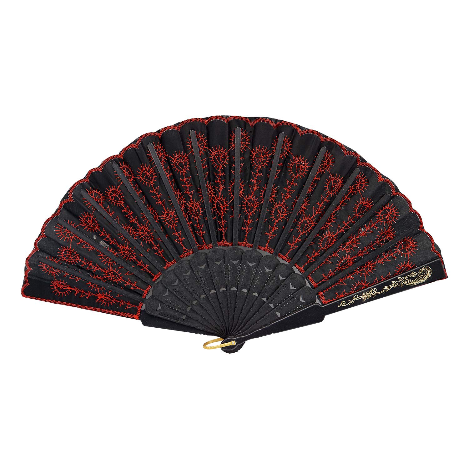 Innolife Elegant Colorful Embroidered Flower Peacock Pattern Sequin Fabric Folding Handheld Hand Fan Hand-Crafted (Red)